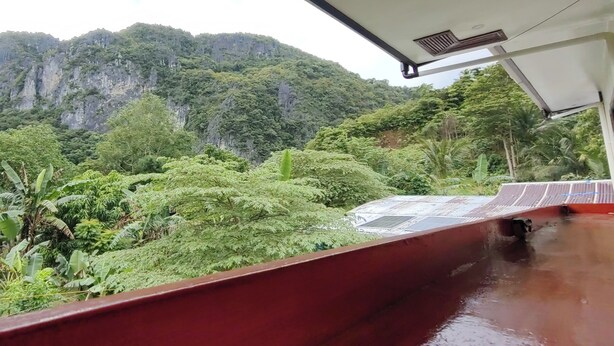 Vista de uma área coberta com corrimão vermelho, com paisagem verdejante e vegetação densa, e um penhasco imponente ao fundo.