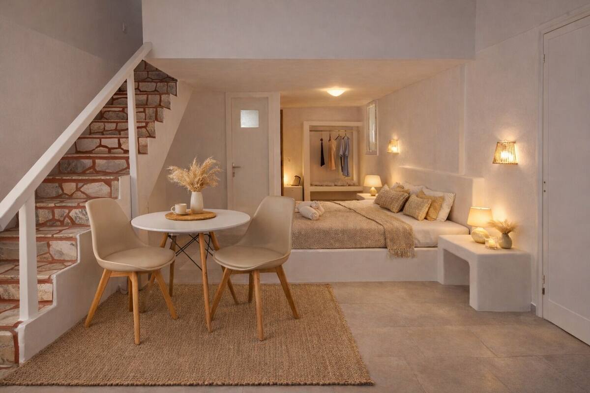 Um quarto acolhedor com uma escadaria de pedra, uma mesa redonda com cadeiras, uma cama com um banco e luminárias fixadas na parede.