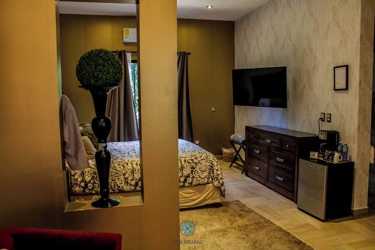 Quarto com cama, cômoda, televisão e um pequeno refrigerador.