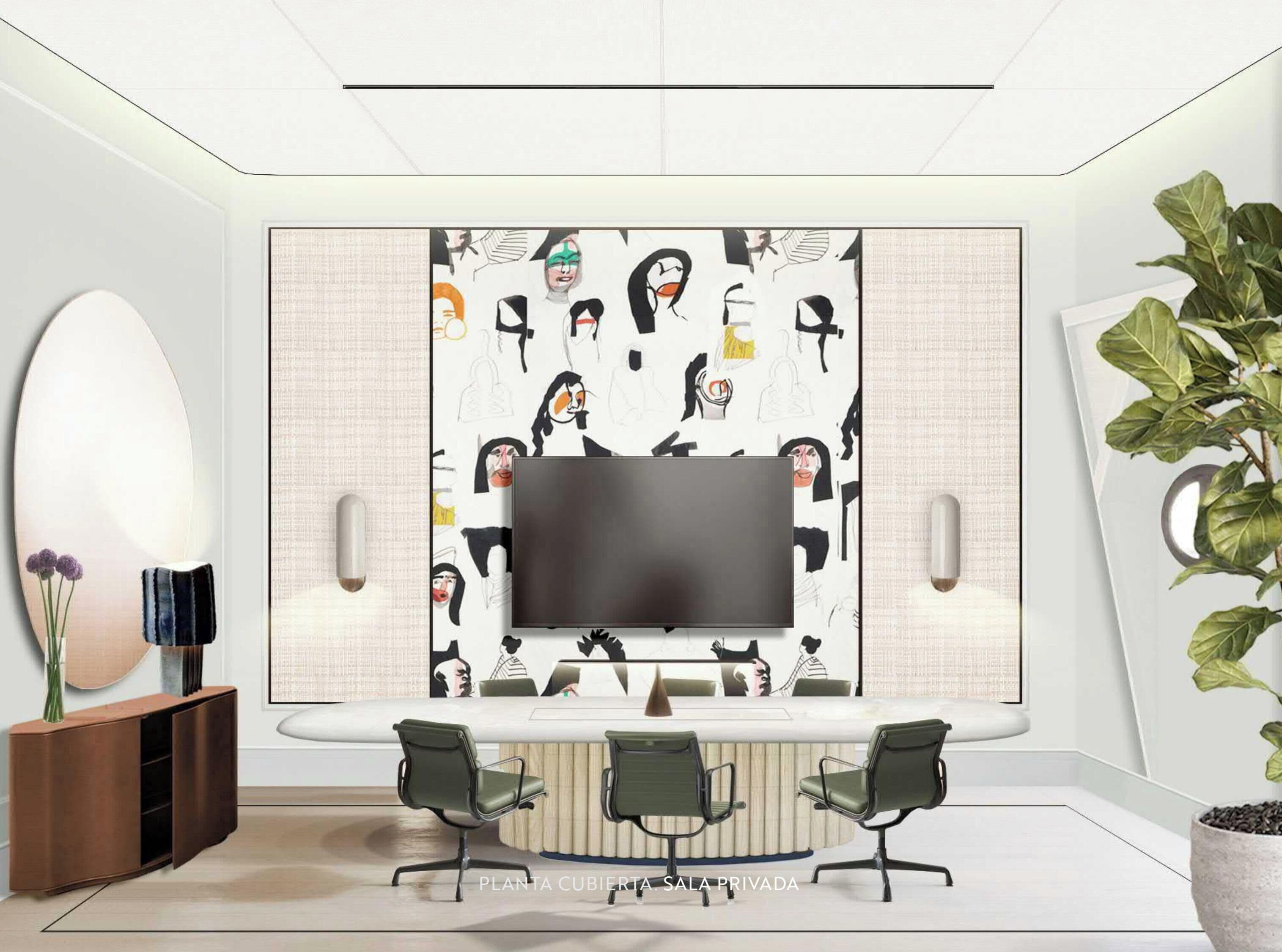Uma sala de conferências moderna com uma TV de tela plana grande, um fundo branco estampado e três cadeiras de escritório verdes.
