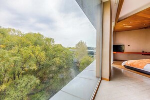 Quarto duplo panorâmico, vista para o rio | Escrivaninha, espaço de trabalho para notebook, cortinas blackout