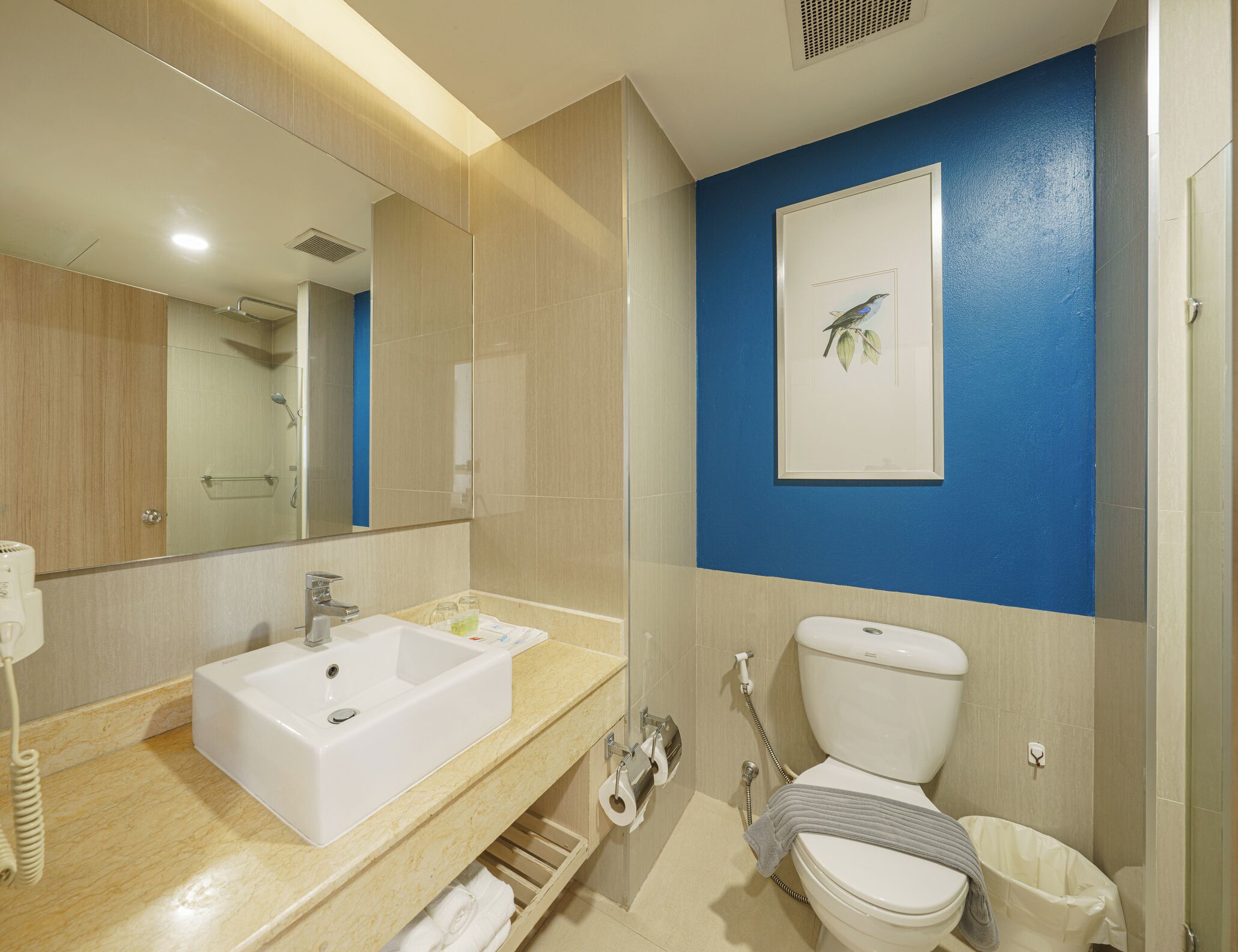 Casa de banho moderna com uma pia bege, sanita branca e parede azul decorativa.