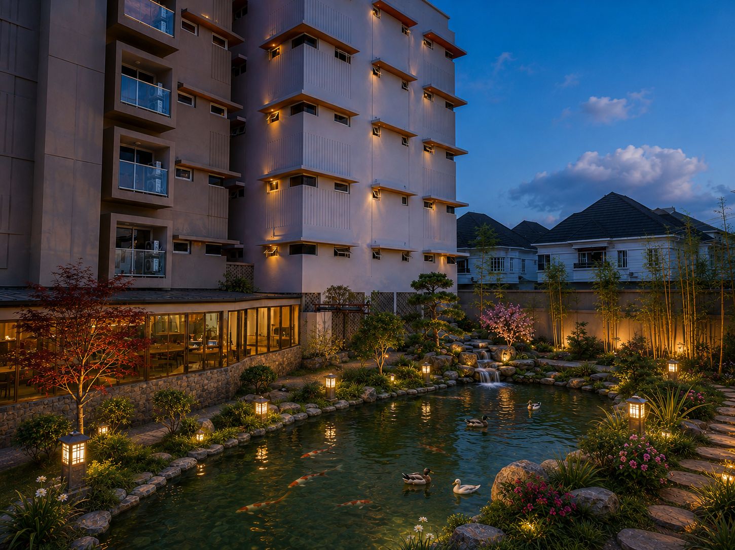 Um hotel com vários andares, um lago com carpas e uma cascata, cercado por jardins ajardinados e caminhos de pedra.