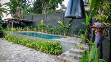 Um pátio com piscina, escadaria de pedra e vegetação exuberante.