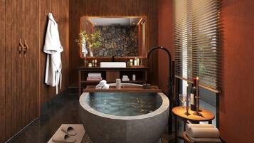 Estúdio de Luxo, Vista para a cidade | Casa de banho | Artigos de higiene pessoal grátis, um secador de cabelo, roupões