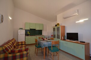 Um espaço compacto com cozinha compacta, área de refeições com mesa e cadeiras, sofá e televisão sobre um móvel.