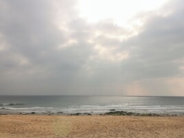 Uma praia com areal dourado e o oceano ao fundo.