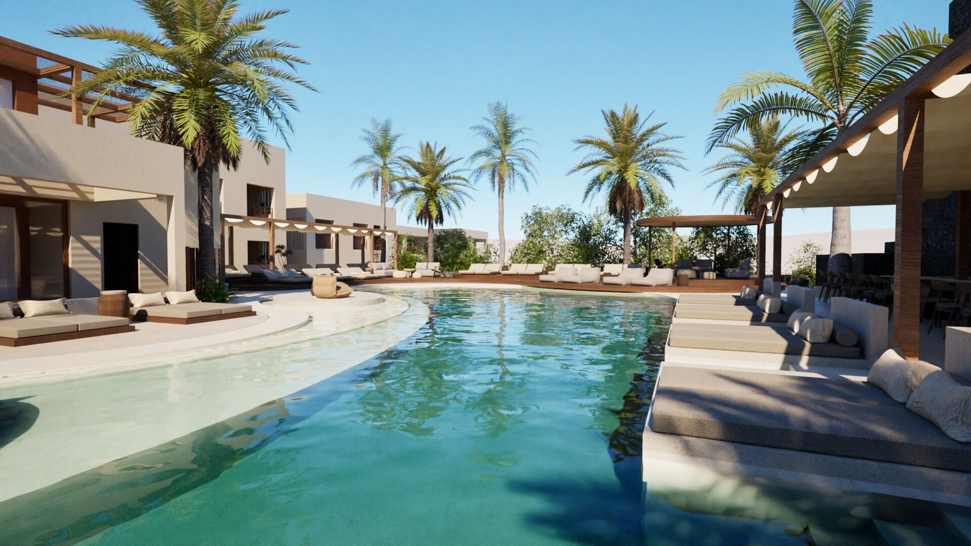 Piscina externa sazonal, funciona das 9h às 20h, guarda-sóis