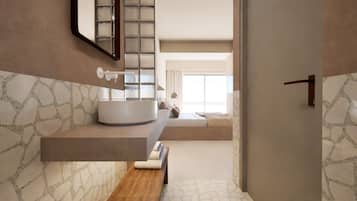 Suite Júnior, vista para o jardim | Casa de banho | Um polibã, um secador de cabelo, roupões, chinelos