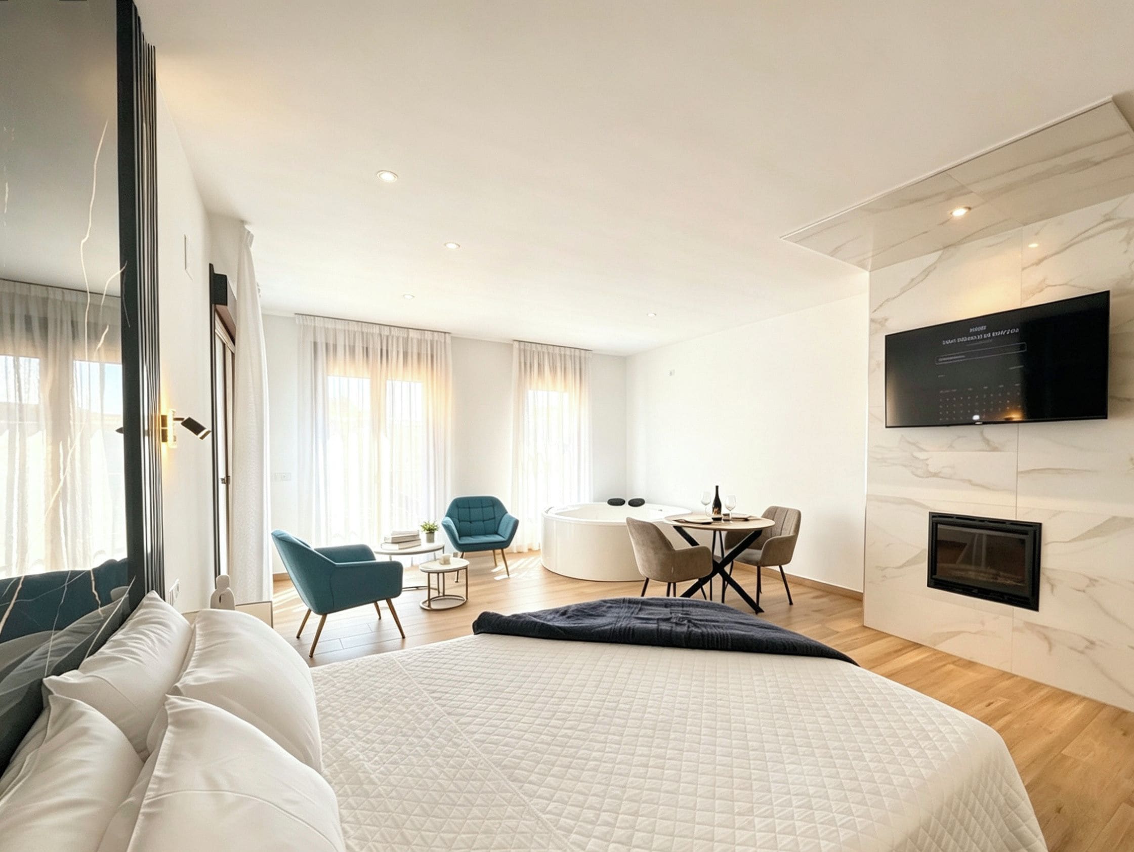 Quarto de hotel moderno com cama, área de estar com mesa e cadeiras, televisão fixada na parede e lareira.