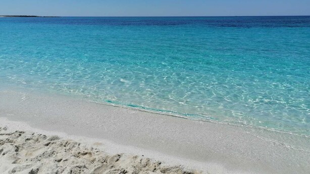 Uma praia com águas turquesa cristalinas e areia branca.