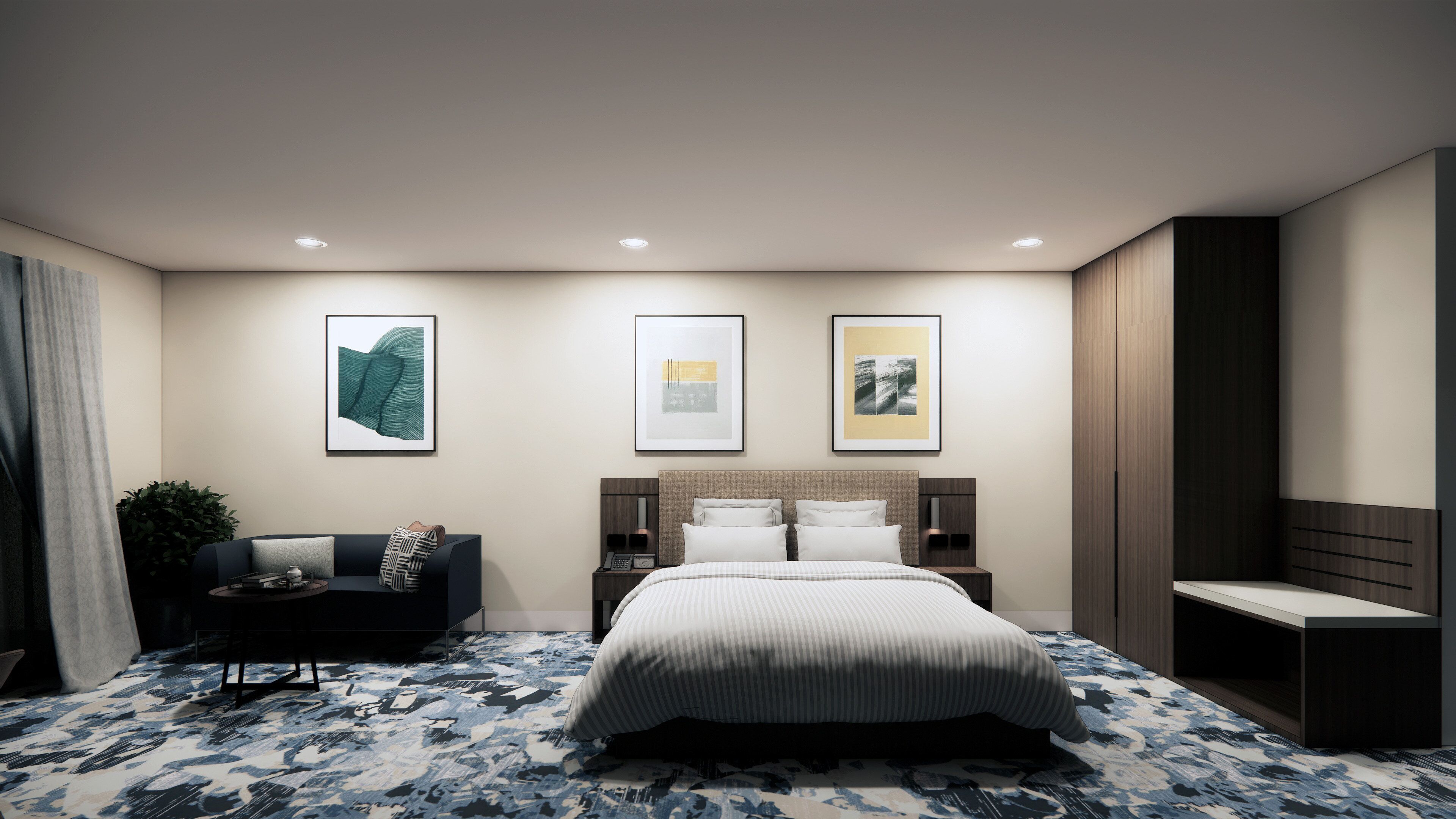 Roupa de alta qualidade, camas de colchão pillowtop, minibar 