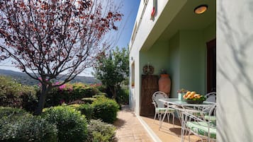Um pátio com mesa, cadeiras, um vaso de planta e vista da paisagem ao redor.
