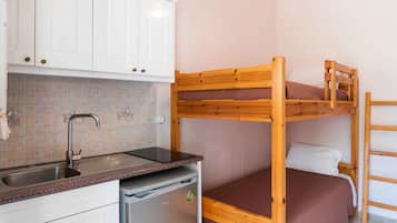 Uma cama beliche com estrutura de madeira e colchão, uma área de cozinha com pia e armários, e uma geladeira pequena.