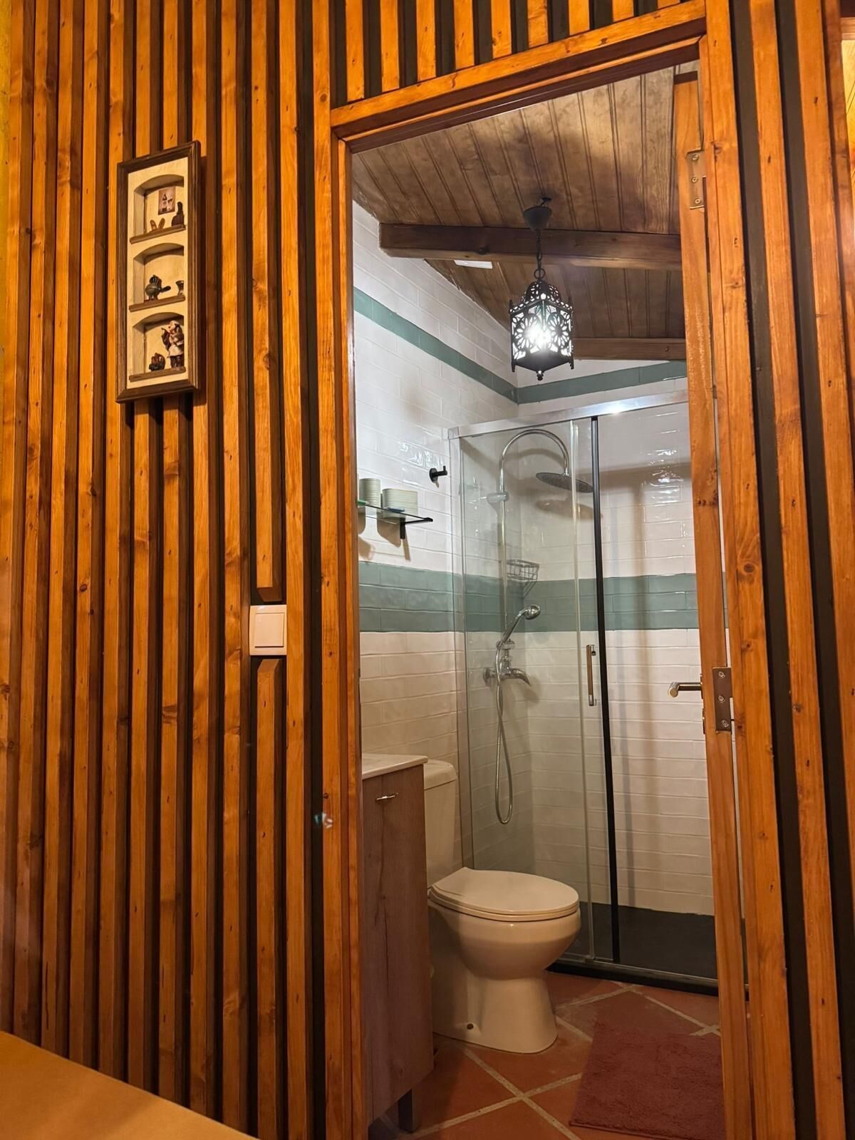 Um banheiro com painéis de madeira, box de vidro, vaso sanitário e um quadro pendurado na parede.