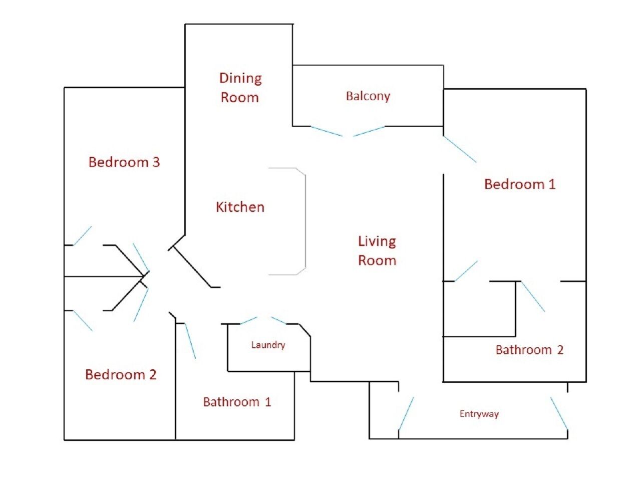 Planta baixa mostrando três quartos, cozinha, sala de jantar, sala de estar, varanda, área de lavanderia e dois banheiros.