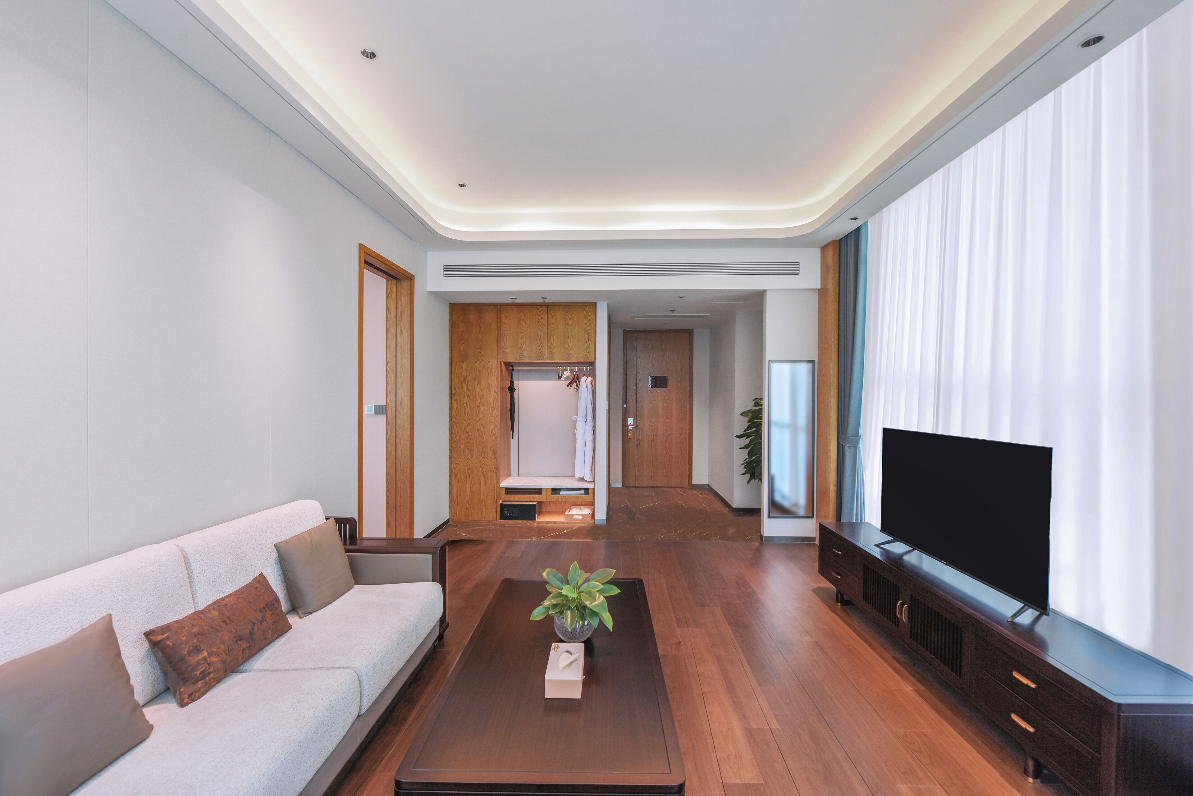 Uma sala de estar moderna com um sofá, uma mesa de centro com uma planta, uma televisão de tela plana e piso de madeira.