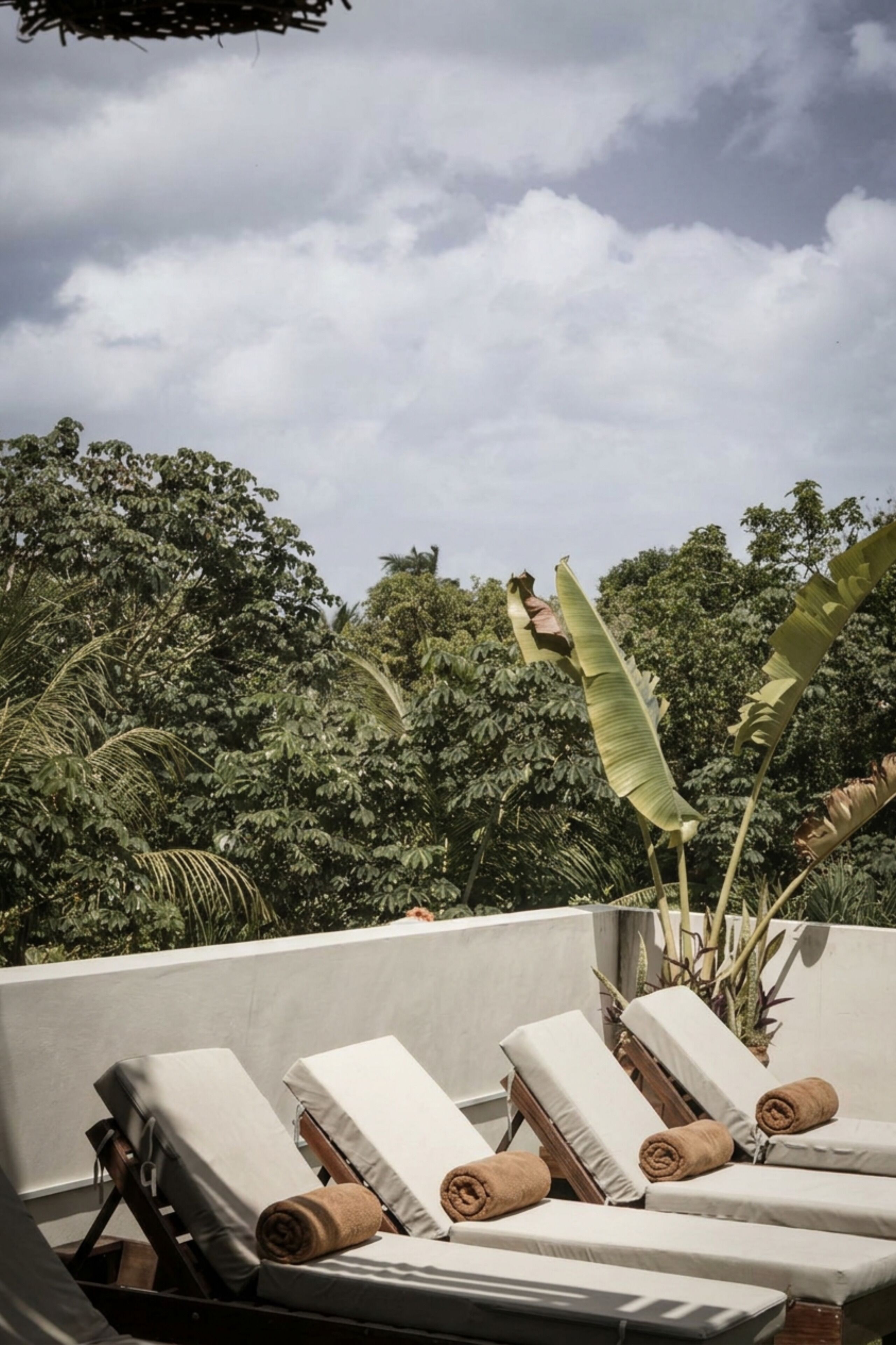 Um terraço com espreguiçadeiras, vista para vegetação densa e céu parcialmente nublado.