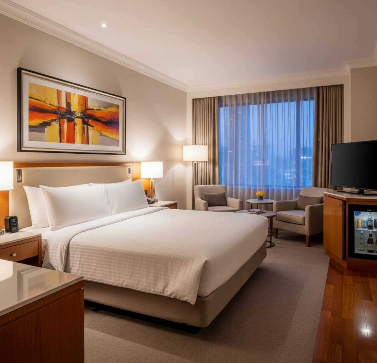 Roupas de cama premium, escrivaninha, espaço de trabalho para notebook