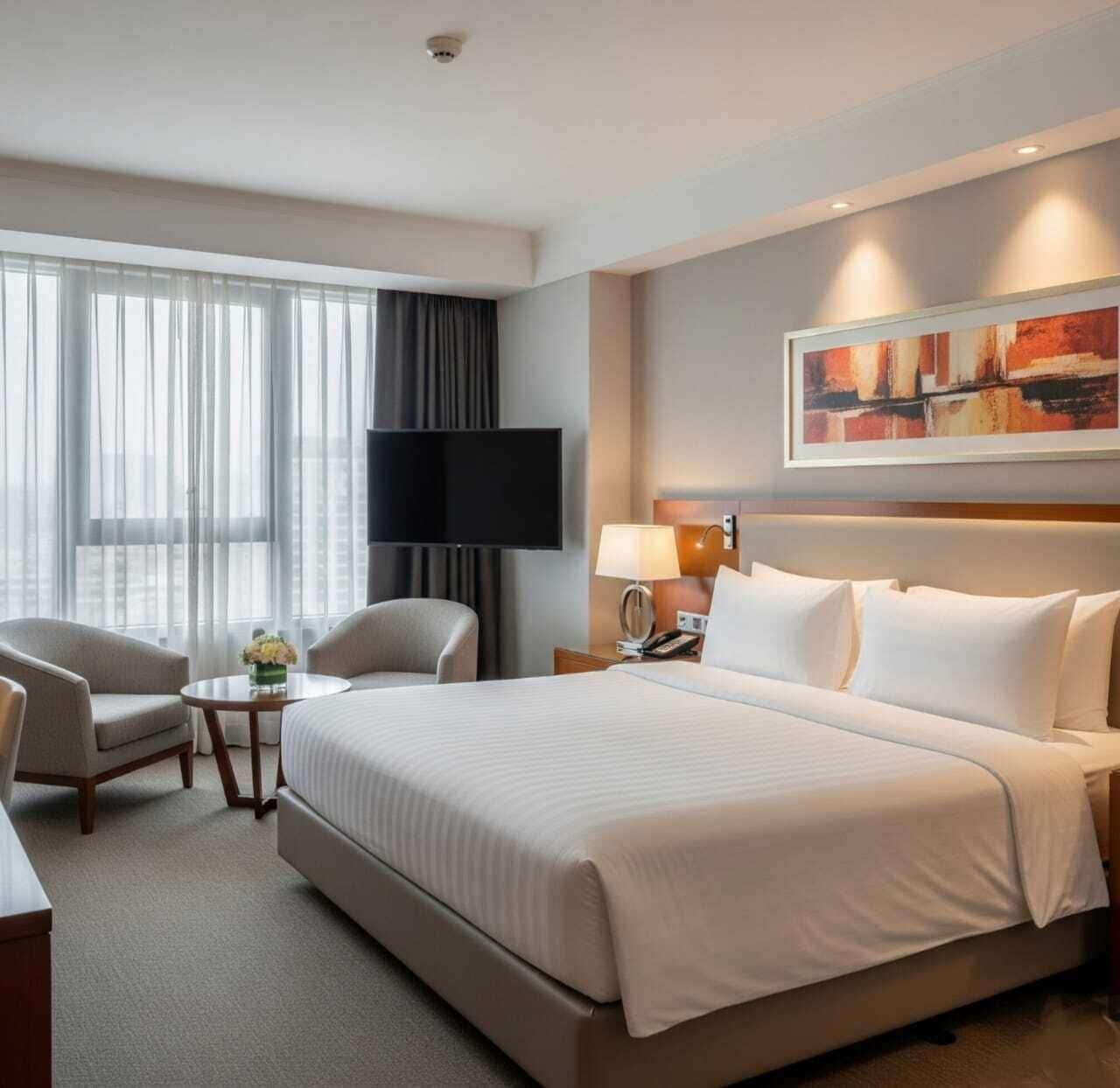 Roupas de cama premium, escrivaninha, espaço de trabalho para notebook