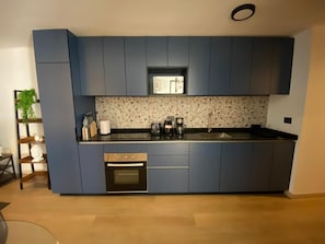 Um frigorífico/congelador grande, um micro-ondas, um forno