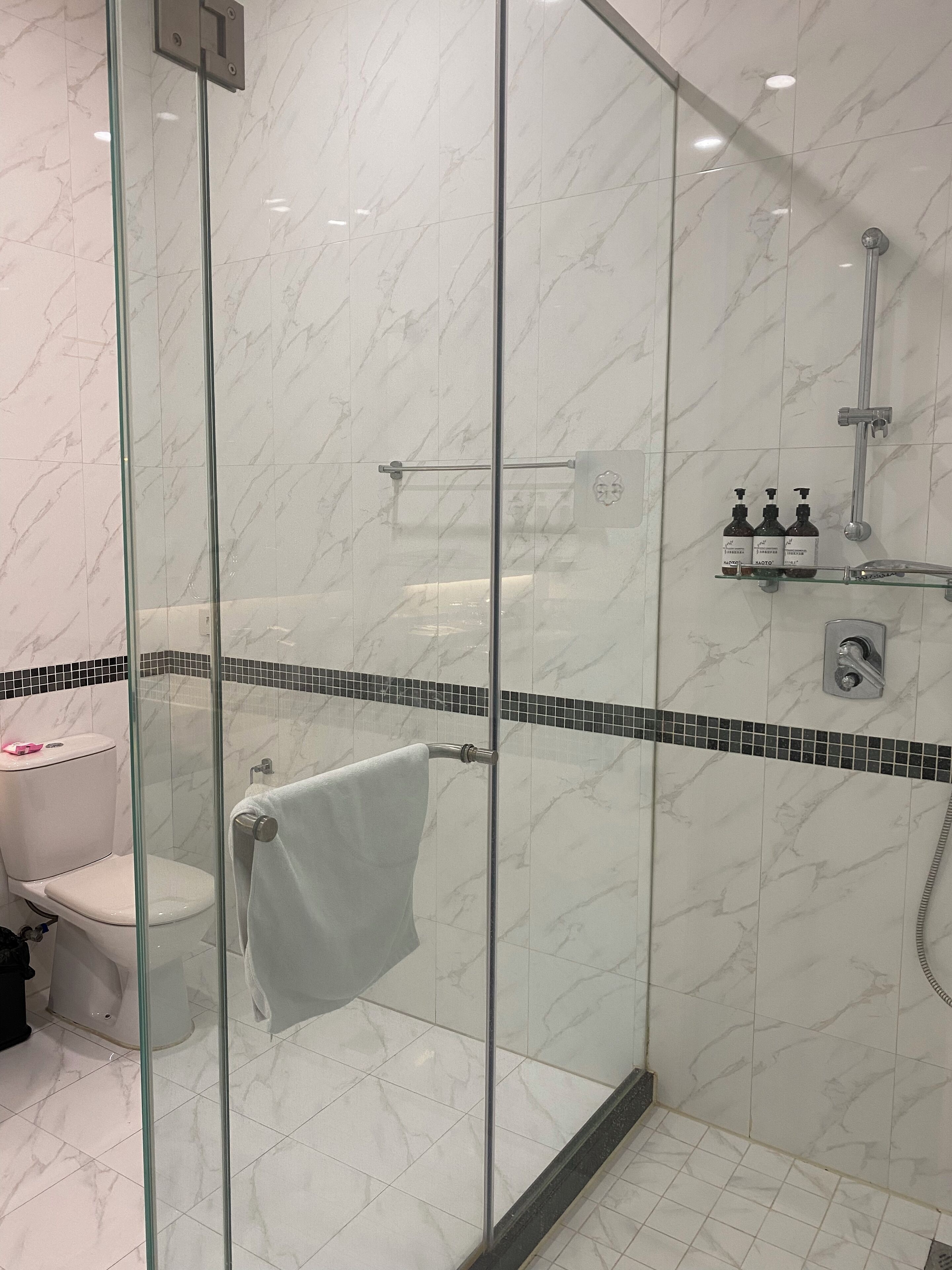 Uma casa de banho moderna com chuveiro envidraçado, sanita e barra para toalhas.