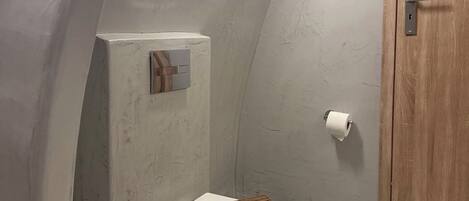 Um banheiro compacto e curvo com vaso sanitário, um armário de madeira e piso de mármore.