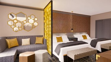 Suite Deluxe, 2 camas queen-size, Vista para a cidade | Roupa de alta qualidade, camas de colchão pillowtop, minibar grátis 