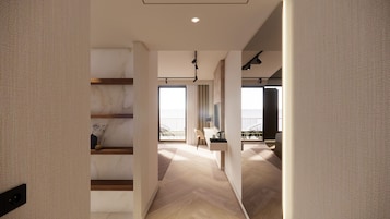 Interior moderno com escada de madeira, varanda com vista e design minimalista.