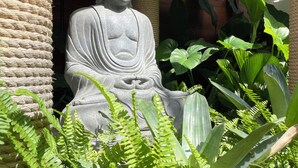 Estátua de Buda de pedra em um jardim com vegetação verde exuberante.