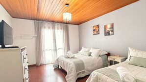 Quarto com duas camas, teto de madeira, televisão em uma cômoda e obras de arte na parede.