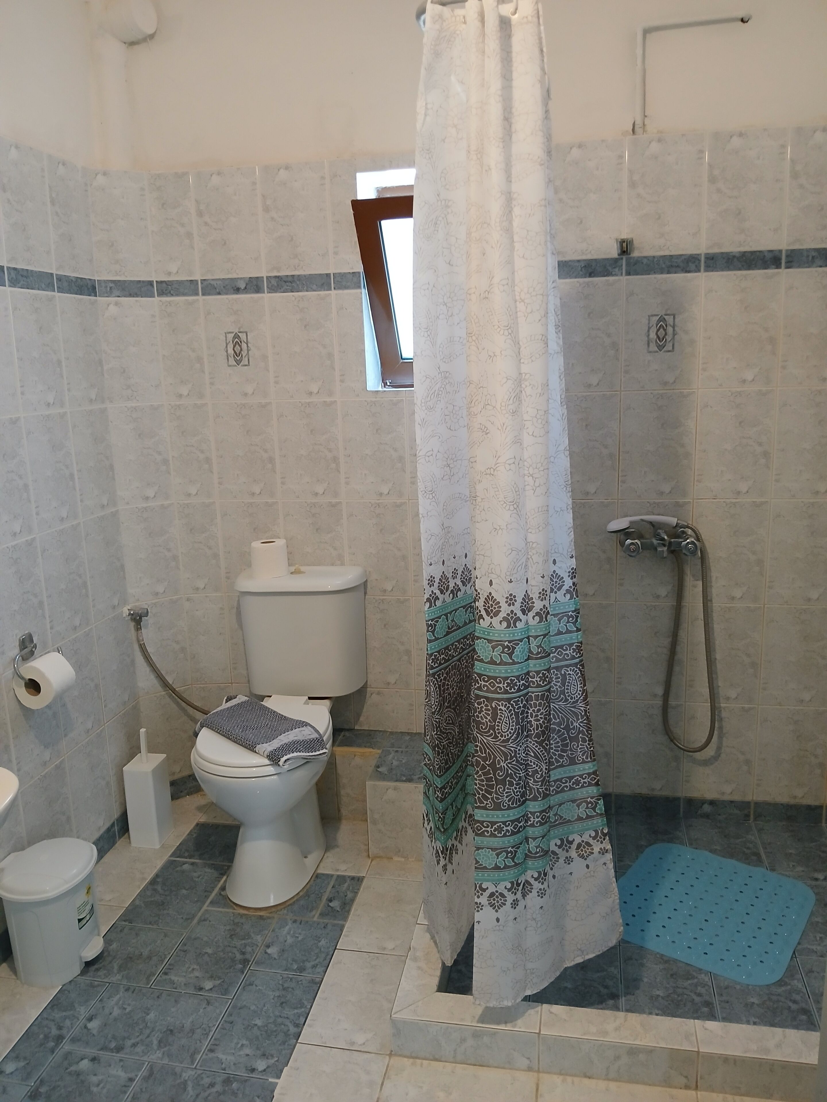 Casa de banho com sanita, bidé, chuveiro e uma pequena janela.