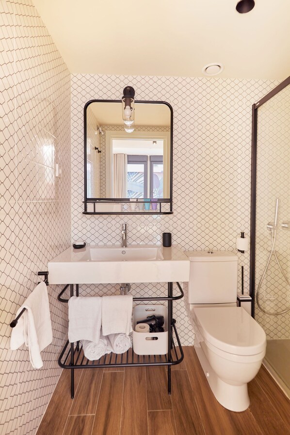 Apartamento, 1 quarto, terraço | Casa de banho | Um polibã, toalhas fornecidas, sabão, champô 