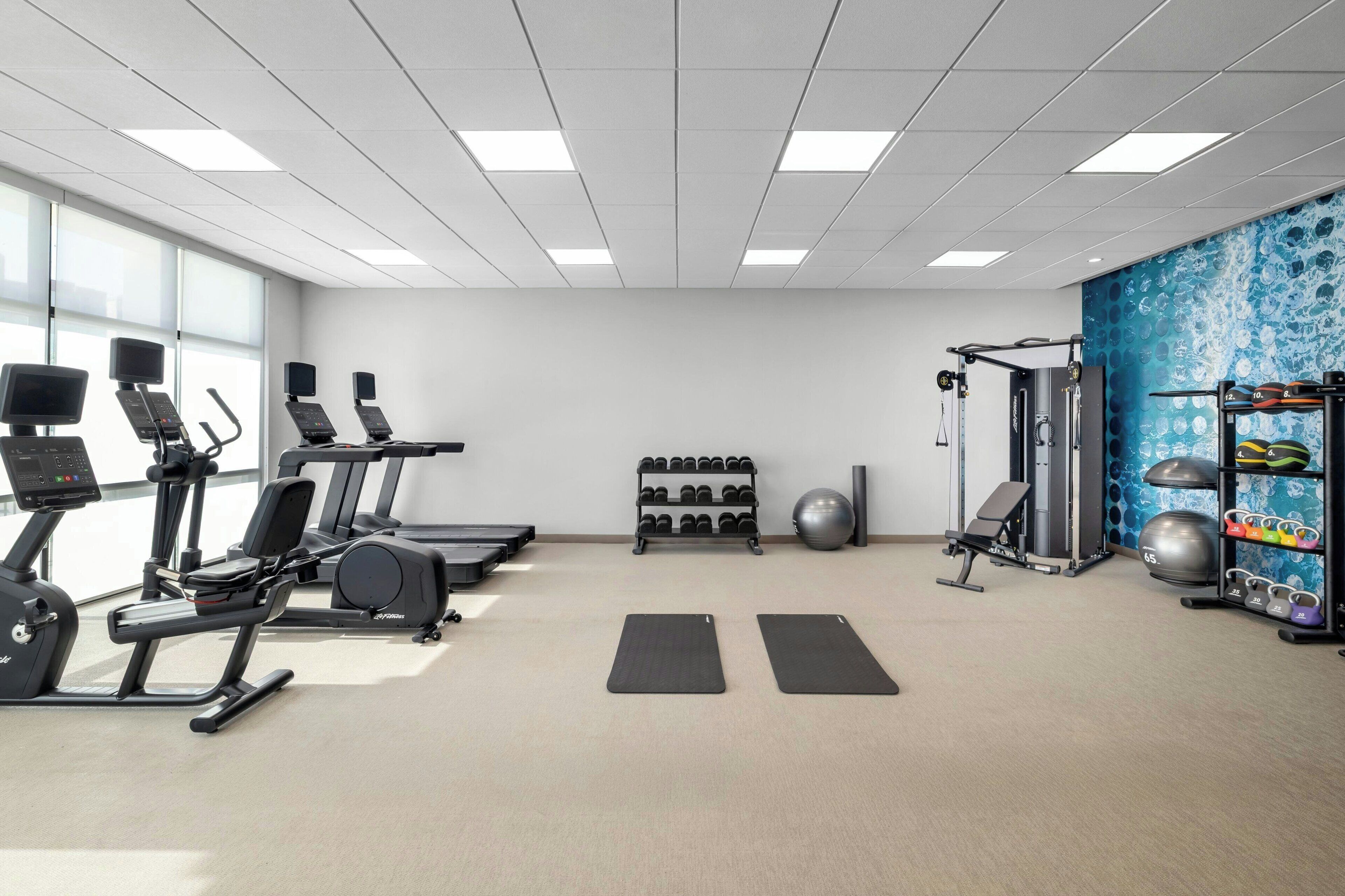 Uma academia com esteiras, elípticos, suporte para pesos, halteres e bolas de exercícios.