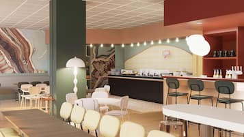 Um interior de restaurante moderno com parede de mármore, área de bar e diferentes opções de assentos.