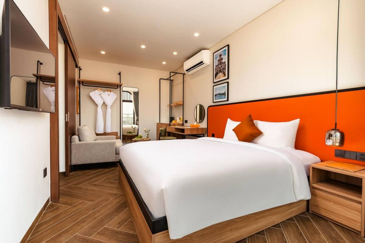 Roupas de cama premium, camas Select Comfort, frigobar