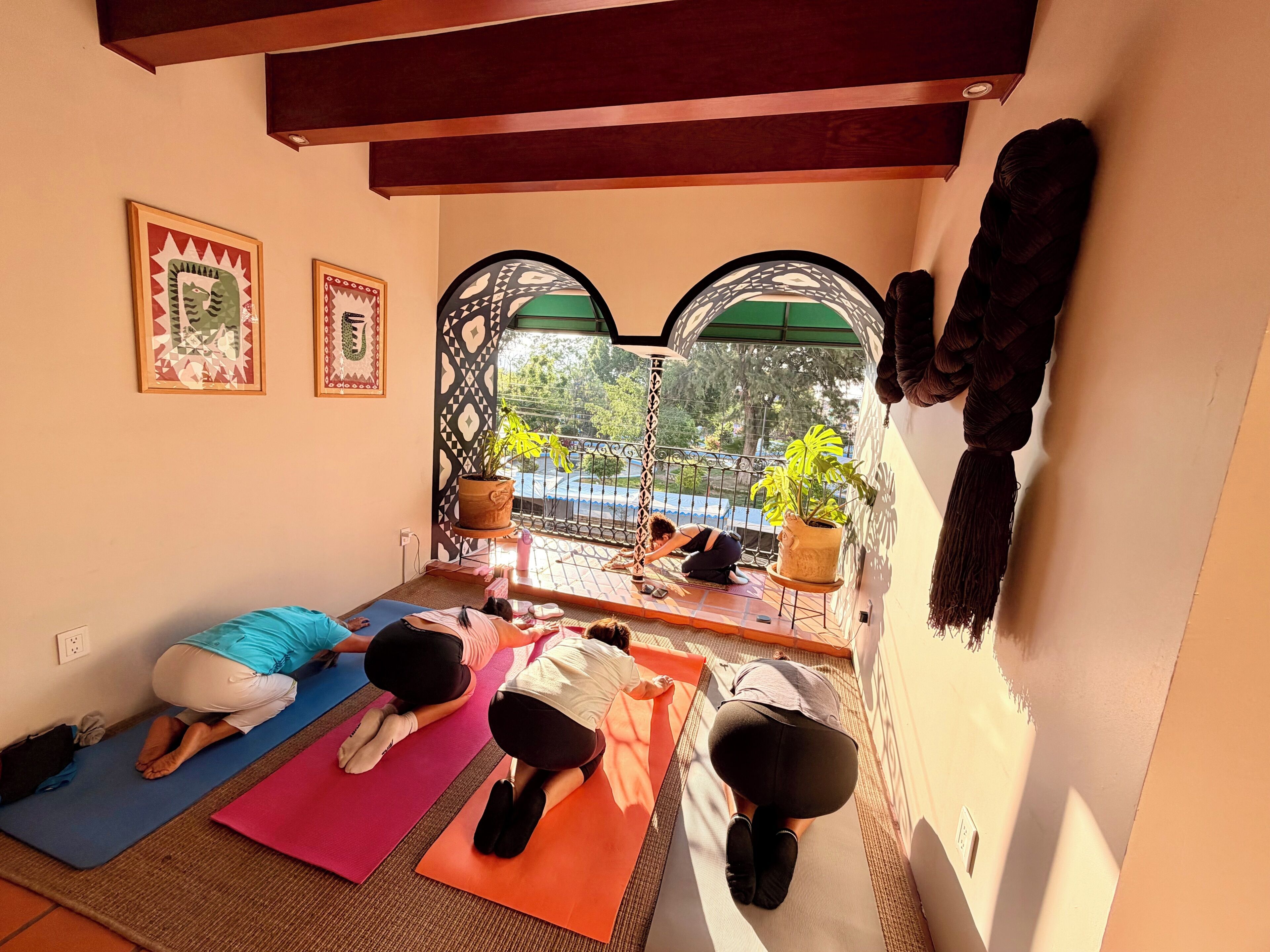 Quarto com varanda, tapetes de yoga e plantas em vasos.