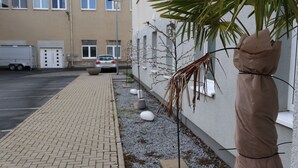 Uma trilha pavimentada que leva a um edifício com um carro estacionado e uma van branca.