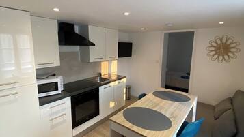 Apartamento Clássico, 1 cama de casal e sofá-cama, cozinha, Vista para a cidade | Cozinha privada | Um frigorífico/congelador grande, um micro-ondas, um forno