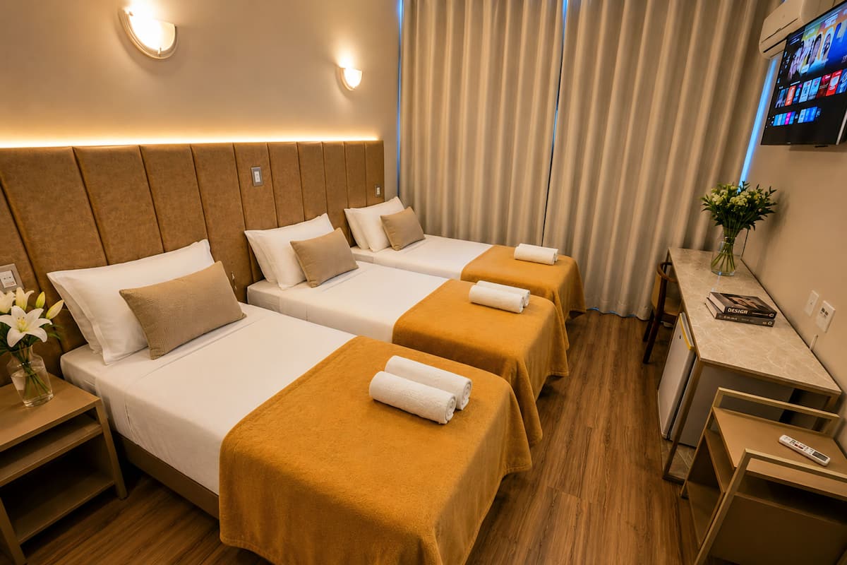 Quarto de hotel com três camas, uma escrivaninha, uma televisão e um vaso com flores.