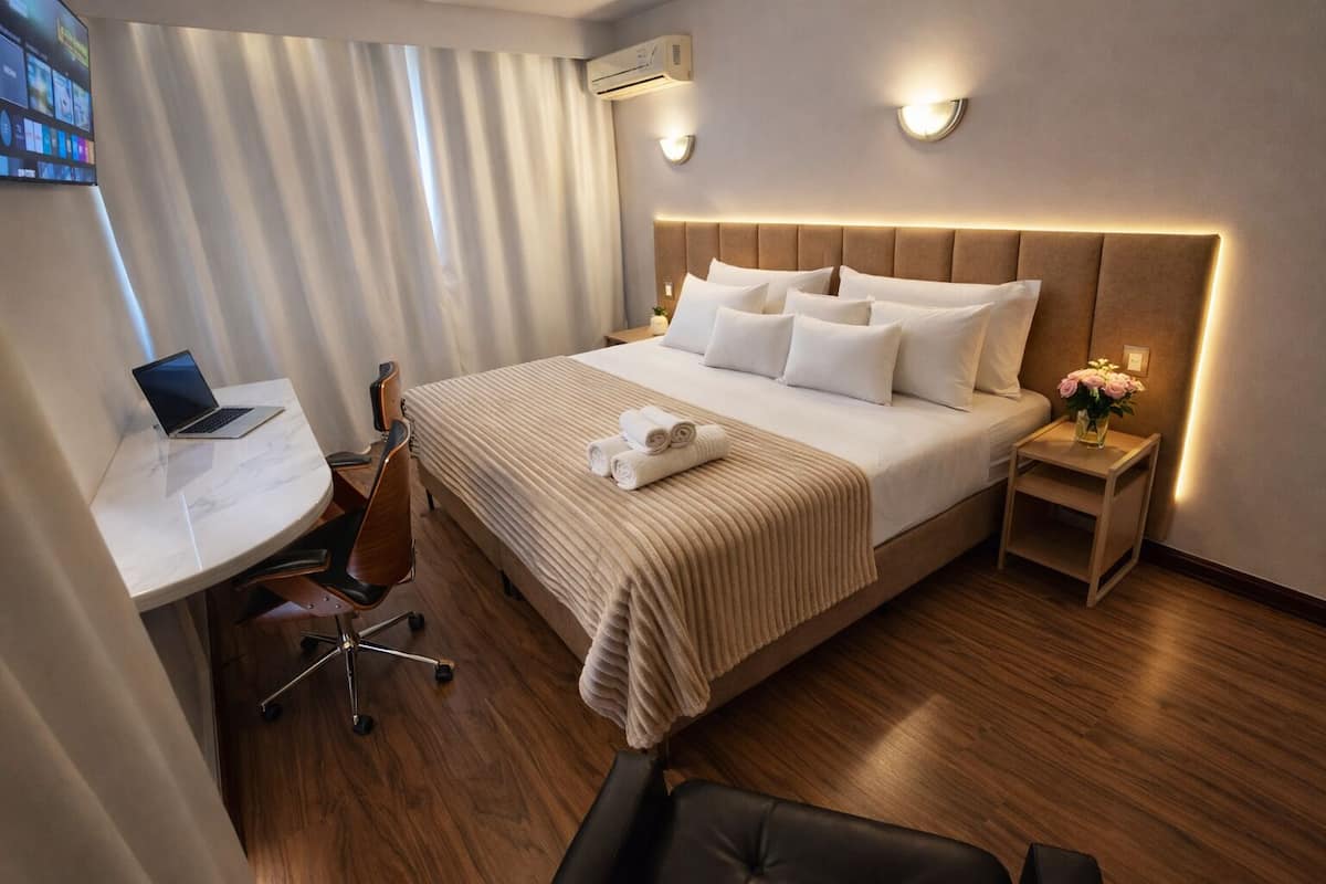 Quarto de hotel com cama, secretária com laptop, cadeira, mesa de cabeceira com um vaso de flores e um aparelho de ar condicionado.