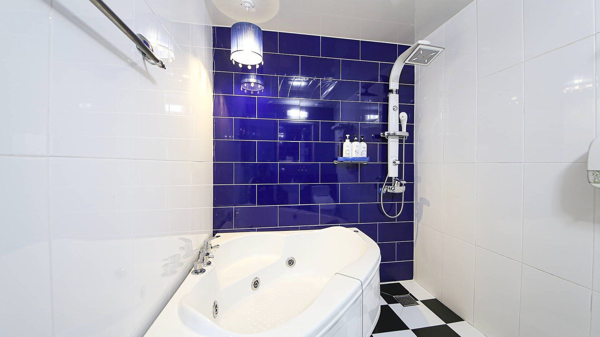 Casa de banho com banheira branca, chuveiro com chuveiro manual e paredes azulejadas em azul.