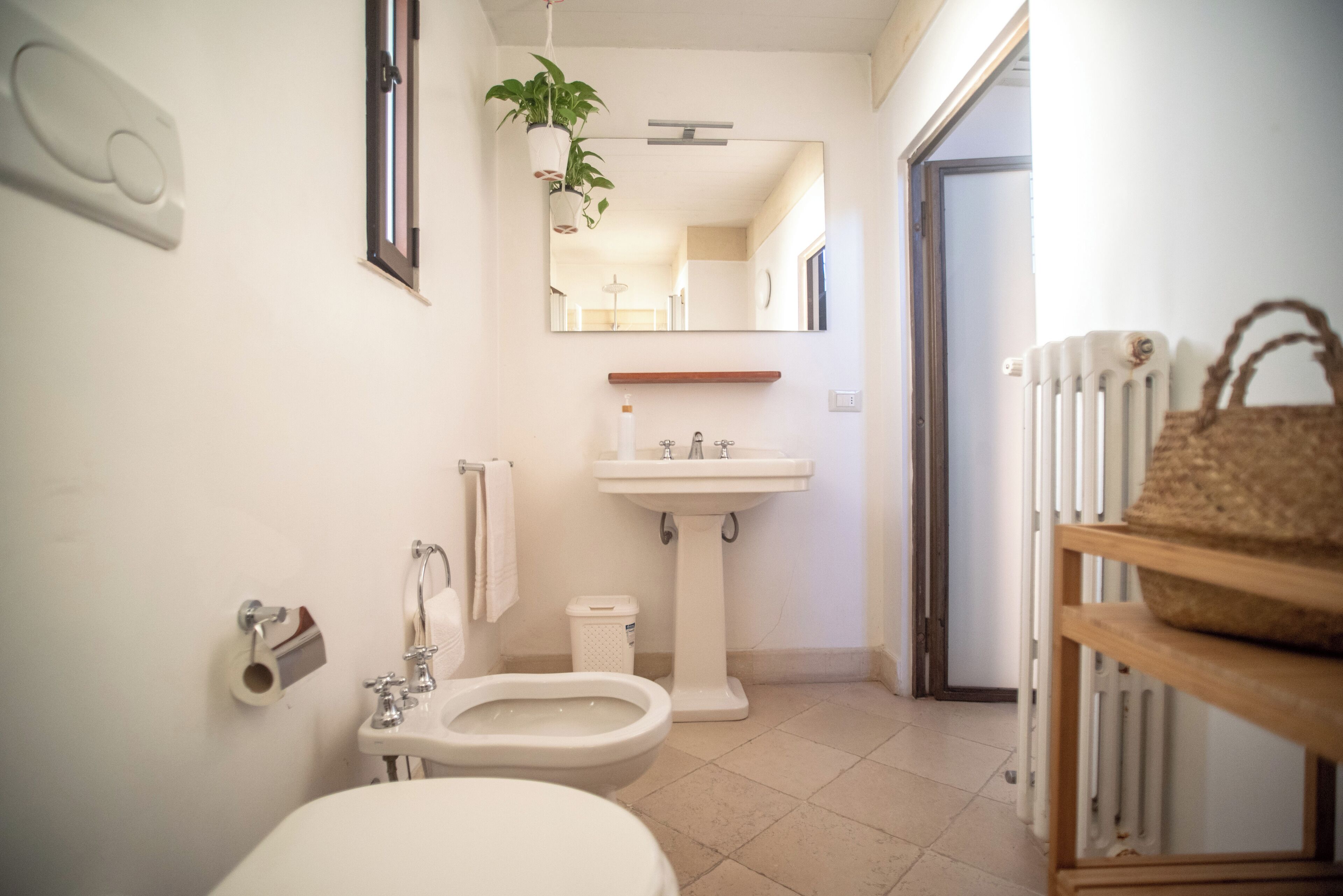 Casa de banho com sanita, bidé, lavatório, espelho e uma planta pendurada.