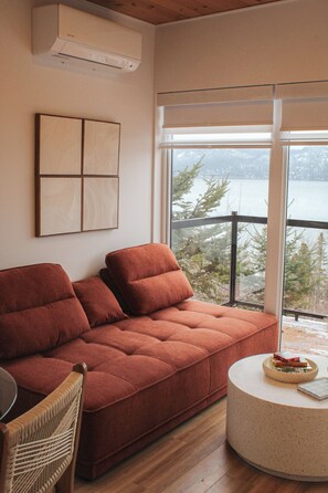 Chalé, banheira de hidromassagem grande, vista para o vale | Sala de estar