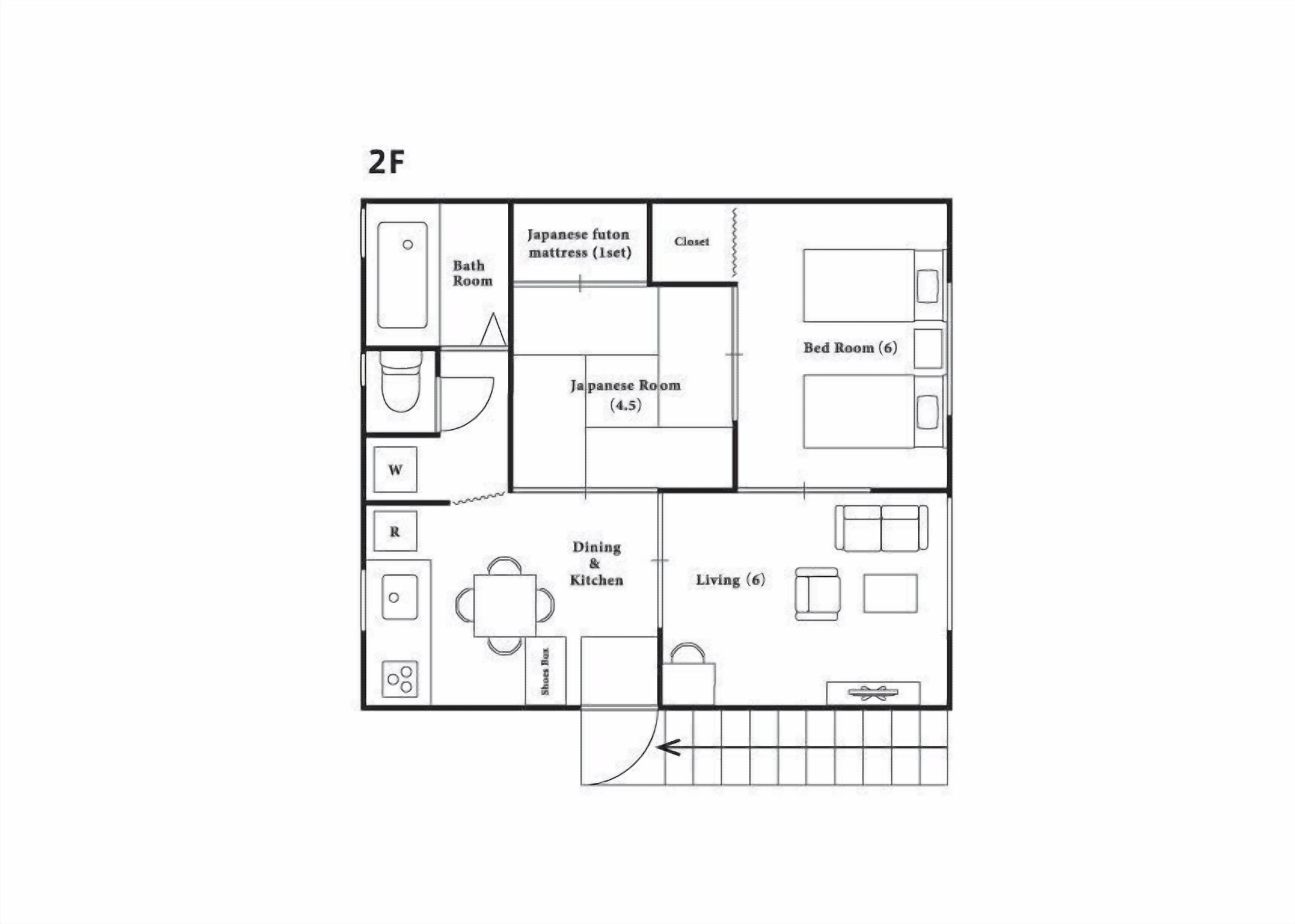 Planta baixa de um apartamento de dois andares com banheiro, futon japonês, armário, quarto, sala de jantar e cozinha, sala de estar e sapateira.