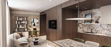 Suíte luxo, várias camas | Área de estar