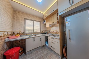 Um frigorífico, um micro-ondas, um forno, uma placa de cozinha 