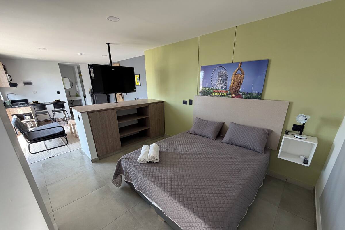 Quarto com cama, televisão, escrivaninha e cadeira.
