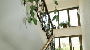Uma escadaria com corrimão de ferro forjado, plantas em vasos no patamar e vista do exterior por grandes janelas.