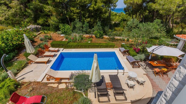Uma piscina retangular com espreguiçadeiras e guarda-sóis, rodeada por vegetação exuberante e vista para o mar.